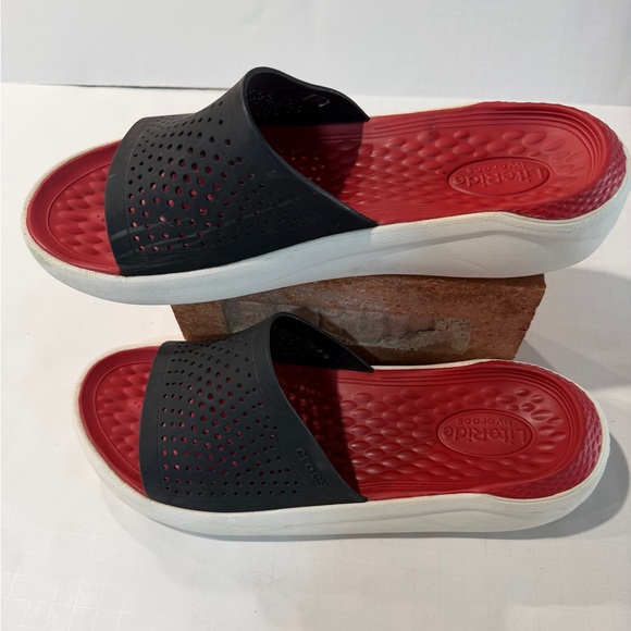 CROCS | Shoes | Crocs Black And Red Slide Sandals | Poshmark
